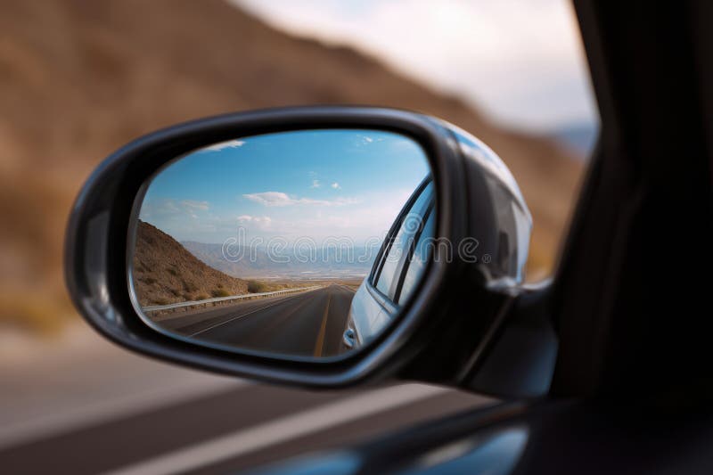 Reflection in the Side Mirror of a Car on a Desert Road Stock ...