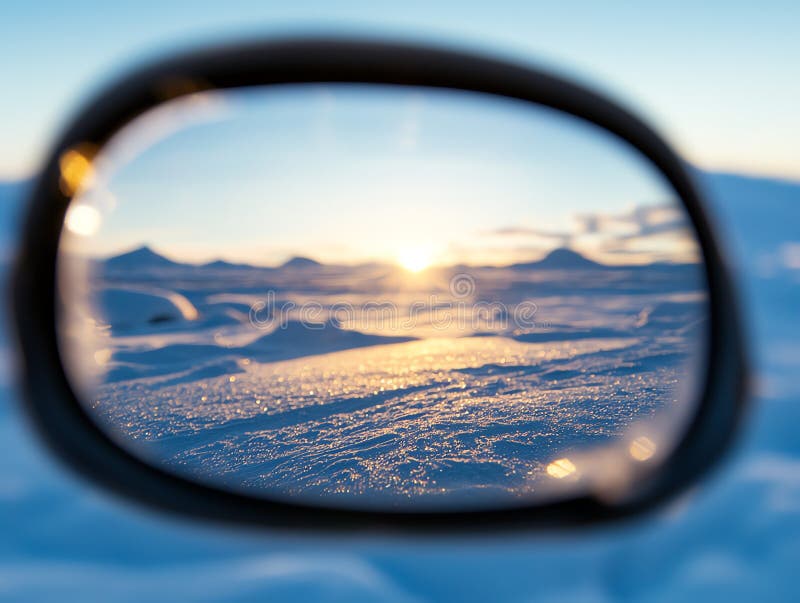 Reflection in a Side Mirror of a Serene Snowy Landscape at Sunset Stock ...
