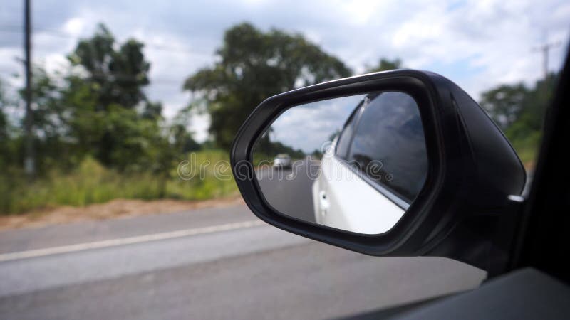Reflection Side Rear View Car Mirror on Road Stock Photo - Image of ...