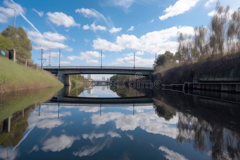 Reflection of Sky and Clouds in the Water Channel, with Bridge ...