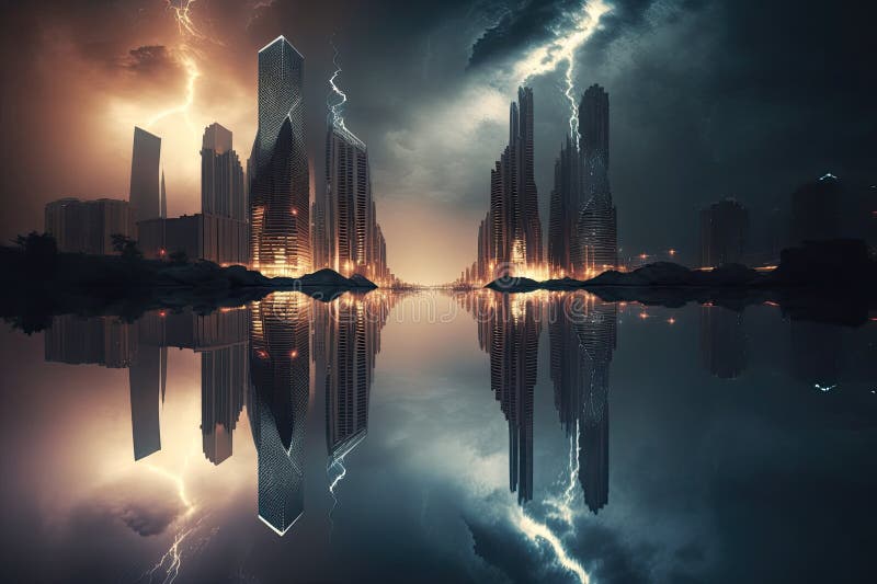 Reflection of Skyscrapers, with Dramatic Lightning Storm and Thunder in ...