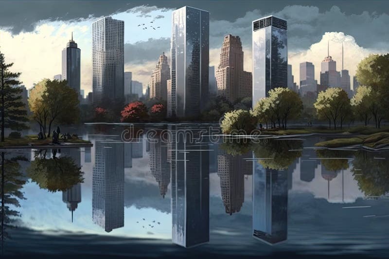 Reflection of Skyscrapers in Quiet, Still Pond Stock Illustration ...
