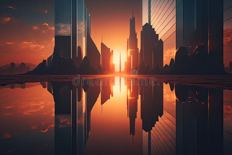 Reflection of Skyscrapers and Sunset, with the Sun Setting Over the ...