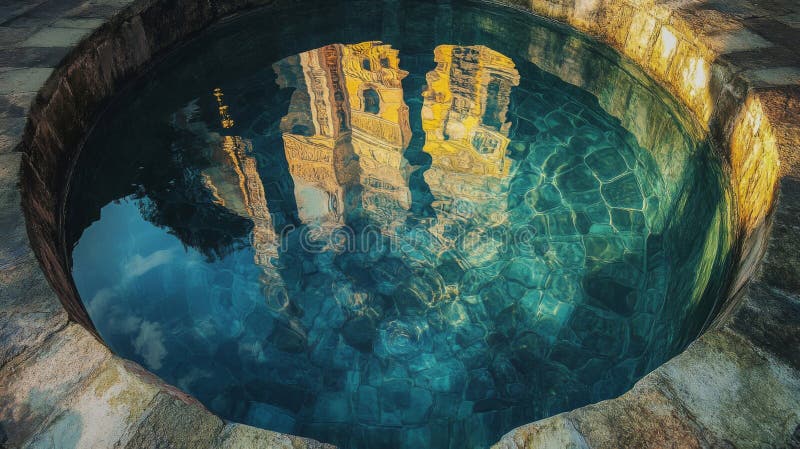 Reflection of a Stone Building in a Pool of Water Stock Illustration ...