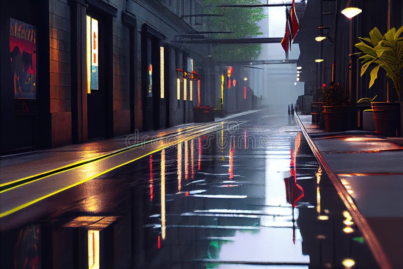 Reflection of Street Lighting in Wet Asphalt. Generative AI Stock Image ...