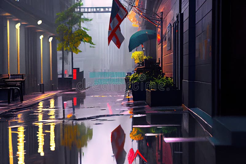 Reflection of Street Lighting in Wet Asphalt. Generative AI Stock ...