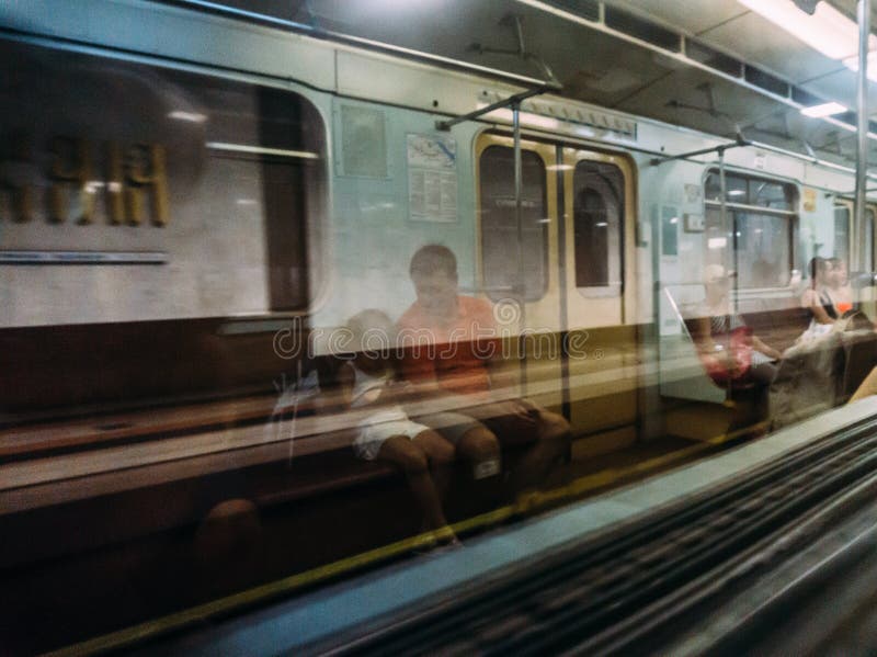 Reflection in a Subway Car Window - People, Passengers. Stock Image ...