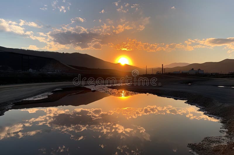 Reflection of Sun Setting Behind Mine, with View of the Mountains in ...