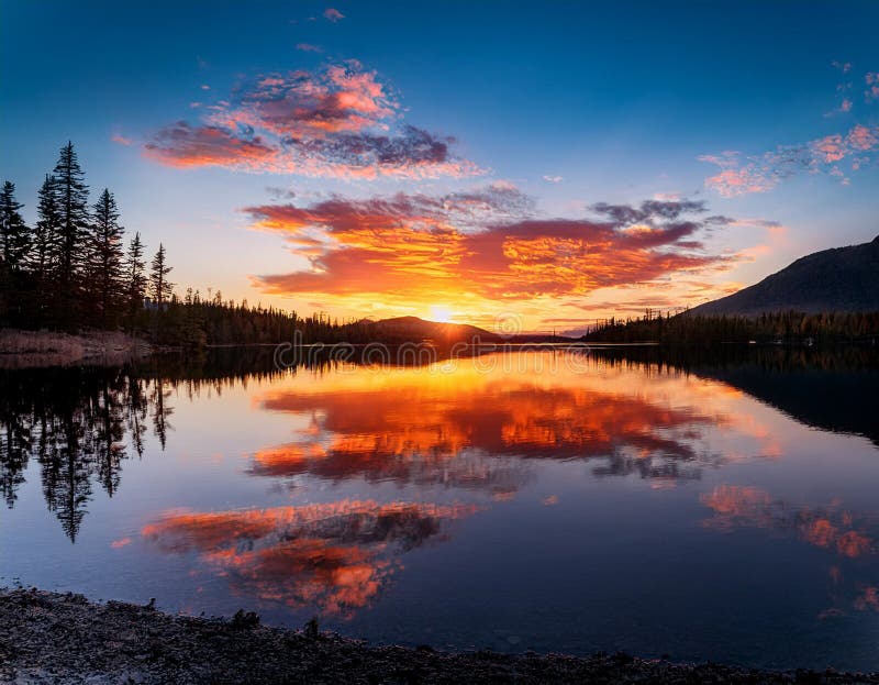 Reflection of a Sunset Fire on a Tranquil Lake, Creating a Beautiful ...