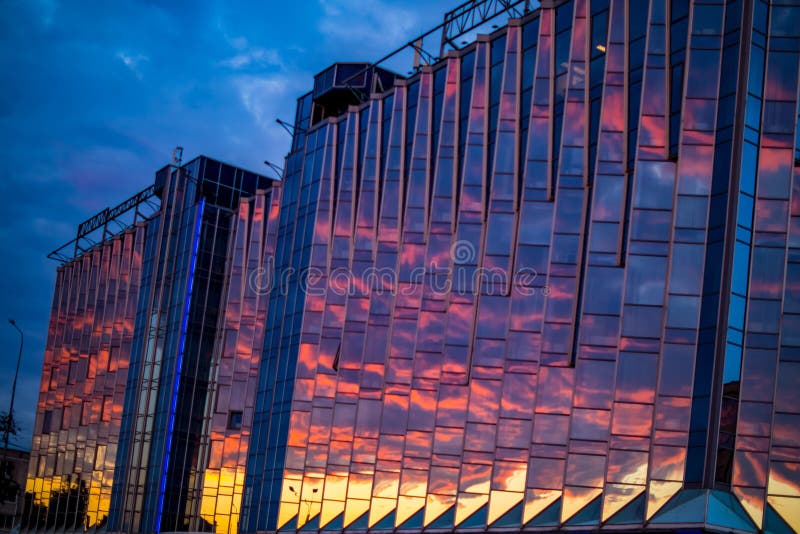 Reflection of the Sunset on the Glass Structure of the Mall Stock Photo ...