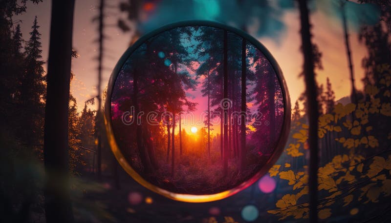 A Reflection of a Sunset in a Mirror in a Forest Stock Illustration ...