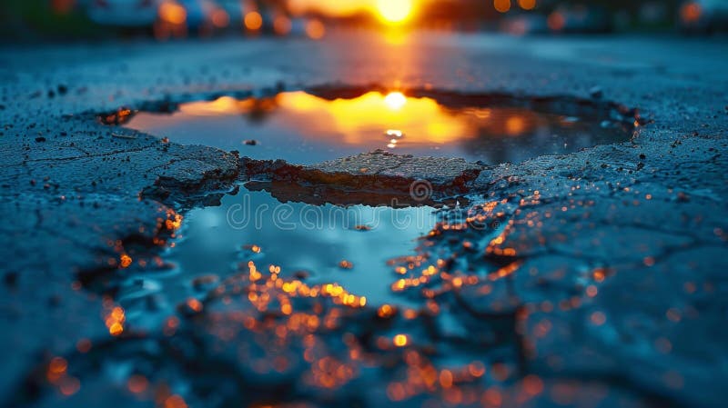Reflection of Sunset in a Puddle on Asphalt - Generative Ai Stock ...
