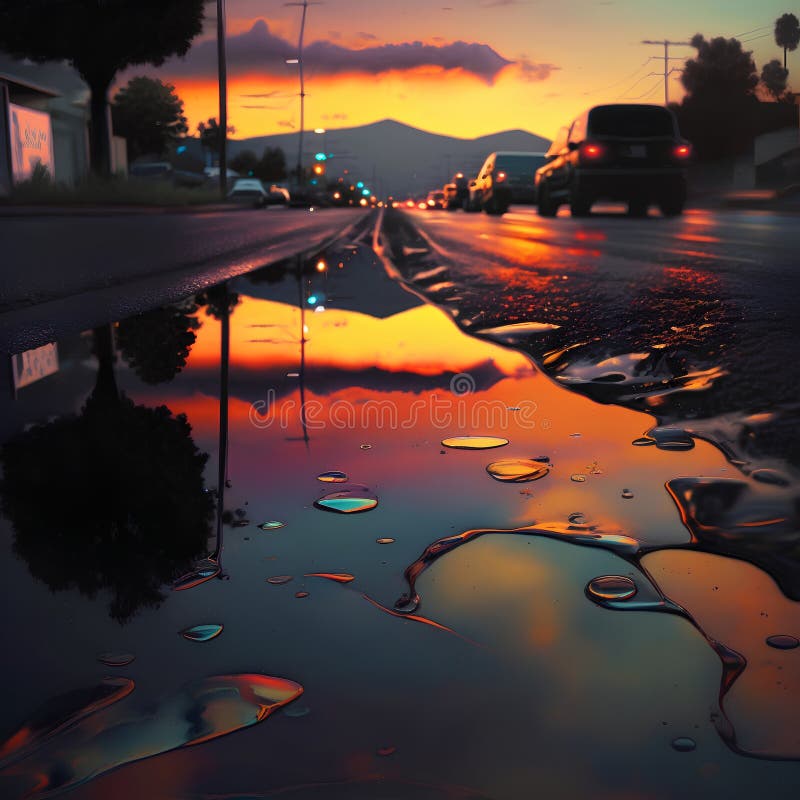 Reflection of Sunset in a Puddle of Water on the Road Stock ...