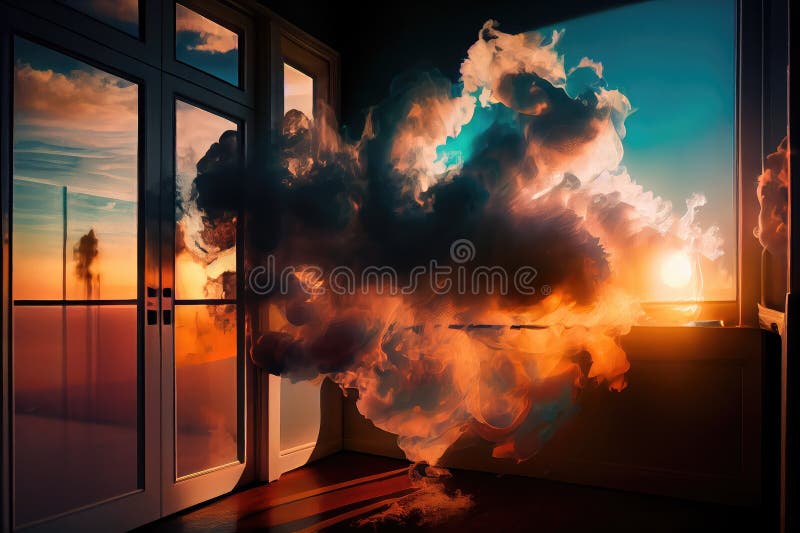 Reflection of the Sunset in a Room with Puffs of Smoke from the Window ...