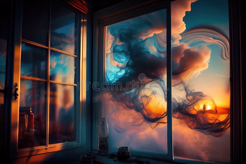 Reflection of the Sunset in a Room with Puffs of Smoke from the Window ...