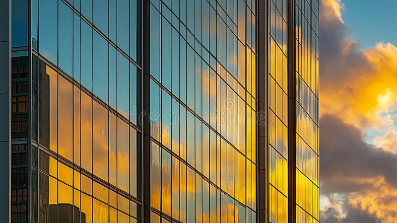 Reflection of the Sunset Sky with Orange Clouds on the Skyscraper ...