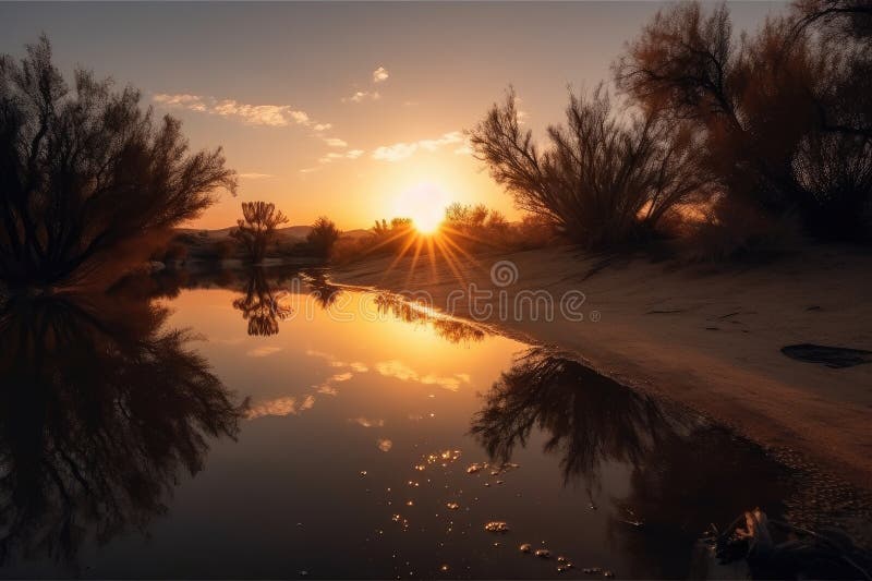 Reflection of the Sunset on a Tranquil Lake in the Desert Stock ...