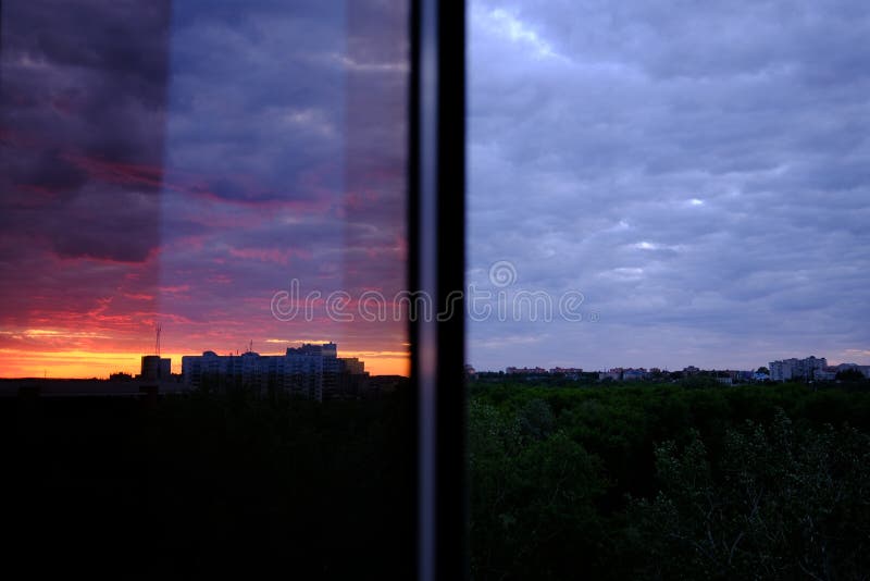 Reflection of the Sunset in the Windows of the House Stock Photo ...