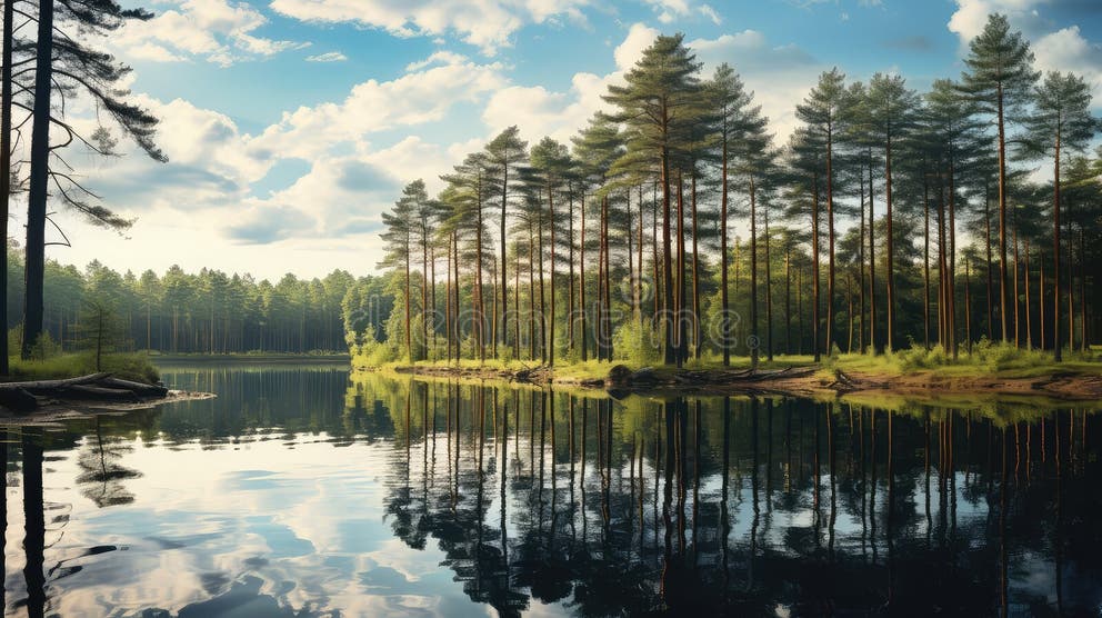 Reflection tall pine tree stock image. Image of generated - 361688973