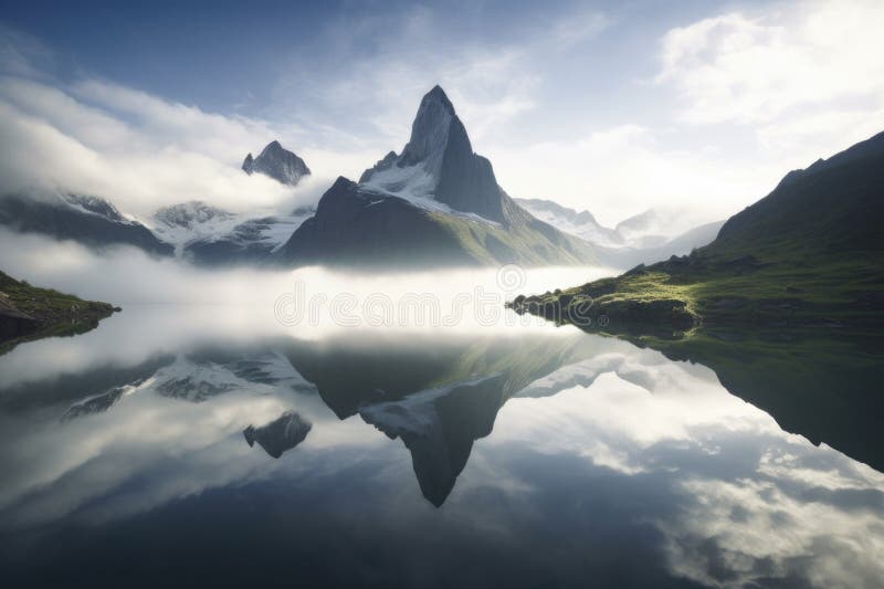 Reflection of Towering Mountain Peak in Serene Lake, with the Peaks ... Reflection of Towering Mountain Peak in Serene Lake, with the Peaks ...