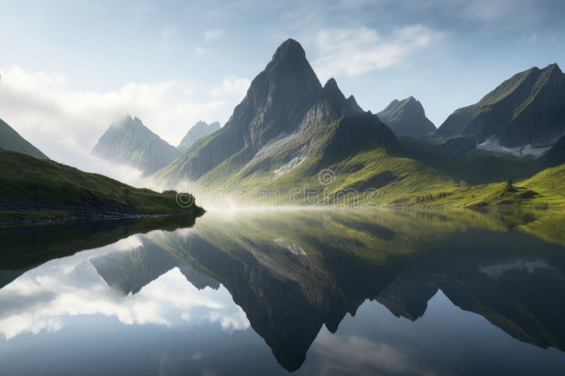 Reflection of Towering Mountain Peak in Serene Lake, with the Peaks ... Reflection of Towering Mountain Peak in Serene Lake, with the Peaks ...