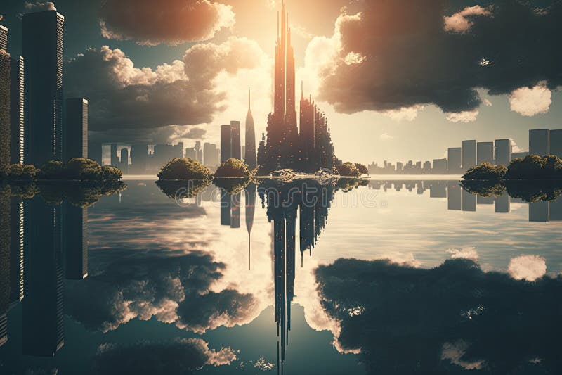 Reflection of Towering Skyscrapers on Still Lake, with the Sun Shining ...