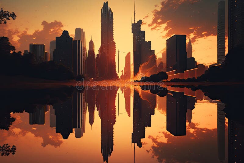 Reflection of Towering Skyscrapers, with the Sun Setting Behind Them ...