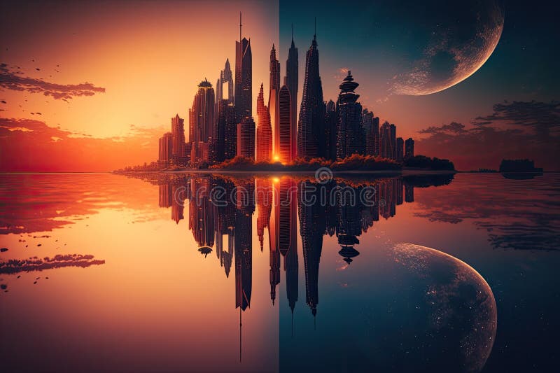 Reflection of Towering Skyscrapers and Sunset in the Ocean Stock ...