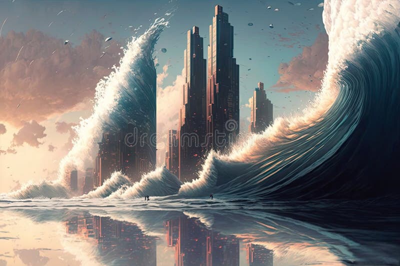 Reflection of Towering Skyscrapers Surrounded by Rolling Waves Stock ...