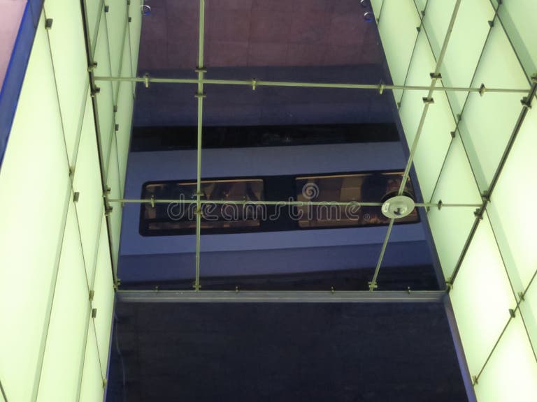 Reflection of a Train in a Mirror of a Ceiling in the Railway Station ...