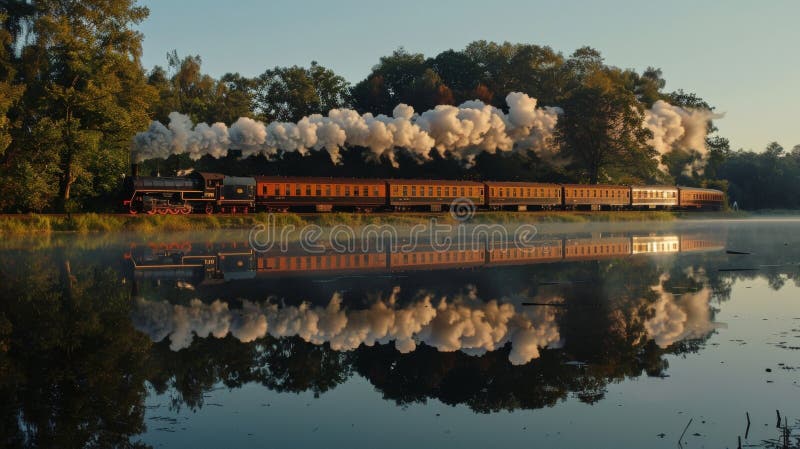 The Reflection of the Train in the Still Waters Creates a Dreamy ...