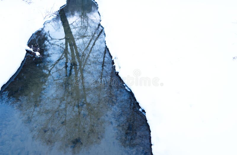 Reflection of Tree in Blue Stream Flowing Througn Snowy Landscape Stock ...
