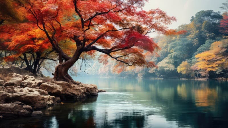 Reflection tree by a river stock image. Image of sesonl - 361861387