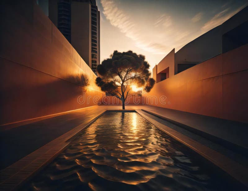 Reflection of a Tree in a Swimming Pool at Sunset. Generative Ai Stock ...