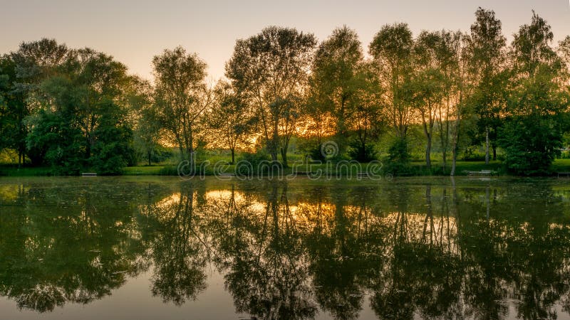 Reflection of Trees in the Lake at Sunset. Stock Photo - Image of ...