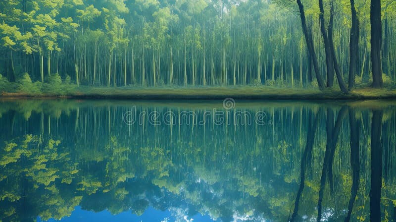 Reflection of Trees in the Water Stock Illustration - Illustration of ...