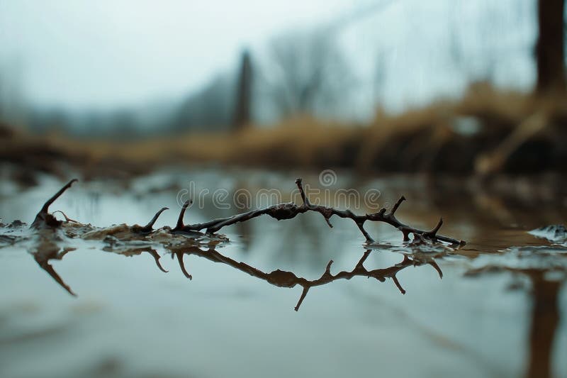 Reflection of a Twisted Branch in a Still Pond Stock Illustration ...