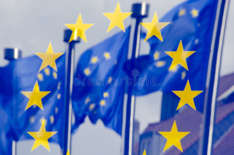 Reflection of UE flags stock image. Image of europe, flags - 45105453