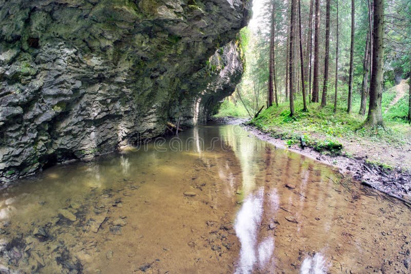 Reflection Under the Rock in Hybicka Tiesnava Gorge during Spring Stock ...