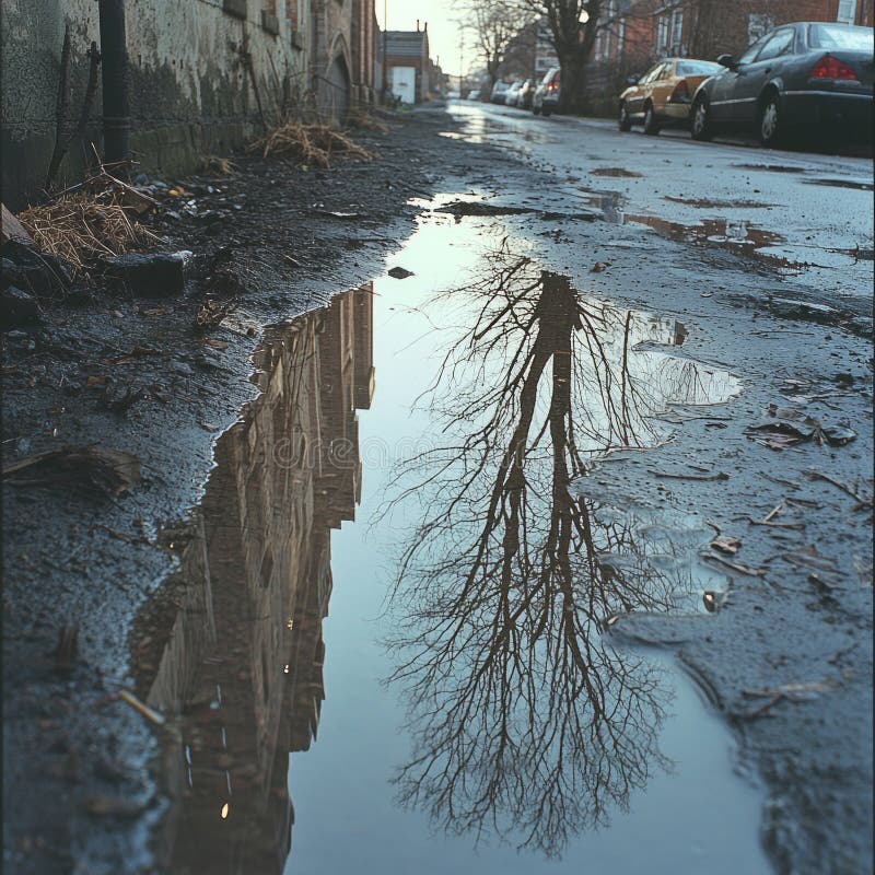 Reflection Urban Environment Puddle Showcasing Inverted World and ...