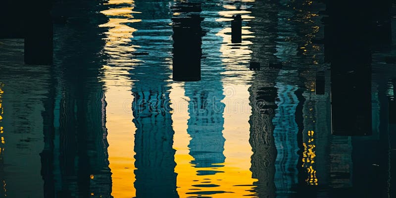 Reflection of Urban Silhouettes on Calm Water Surface at Dusk Stock ...