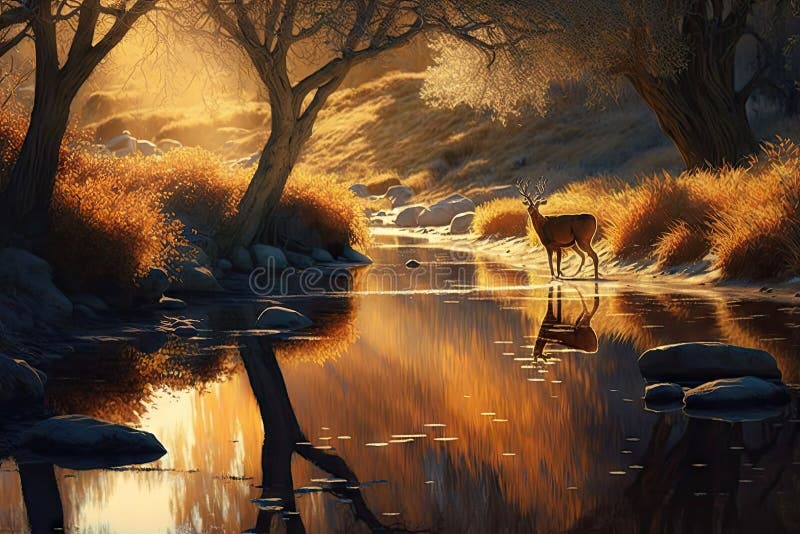 Reflection of the Warm Sun on a Stream with Deer in the Distance Stock ...