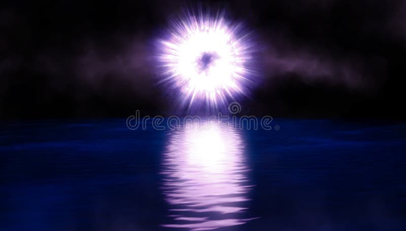 Reflection on Water with Bright Glowing Circle at Night. 3d Rendering ...