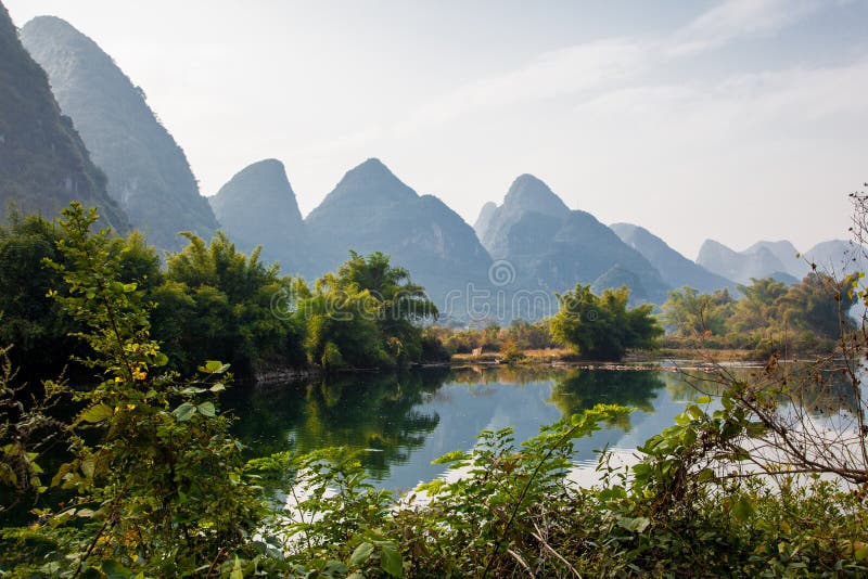 The Reflection in the Water, the Li River Yangshuo China Stock Photo ...