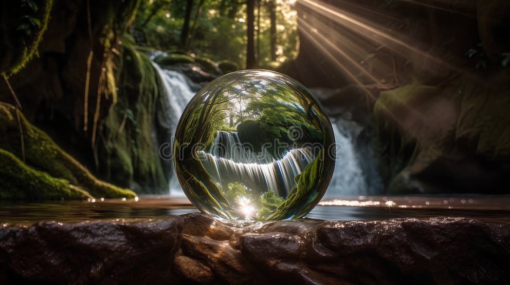 Reflection of Waterfall in Crystal Ball. Nature and Environment Concept ...