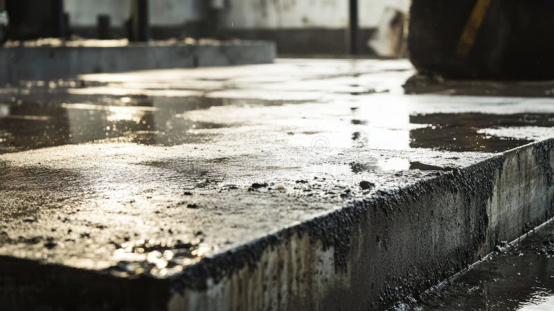 Reflection on Wet Concrete Surface with Industrial Backdrop Visible ...