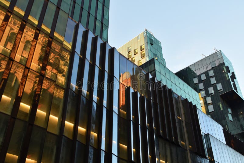 Reflection in Windows of Modern Office Building. Business Concept of ...