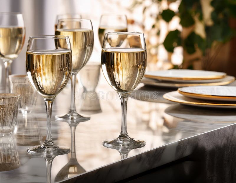 A Reflection of Wine Glasses on a Clean Marble Table Set for an Elegant ...