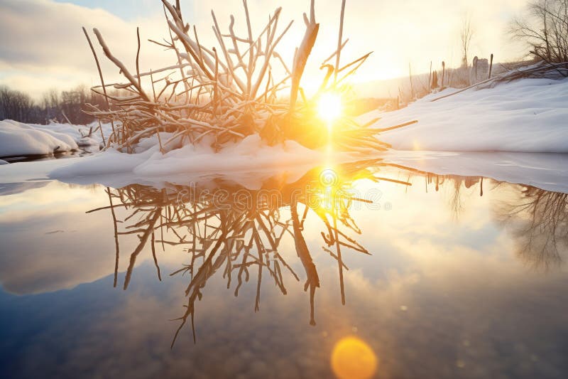 Reflection of Winter Solstice Sun in a Frozen Lake Stock Image - Image ...