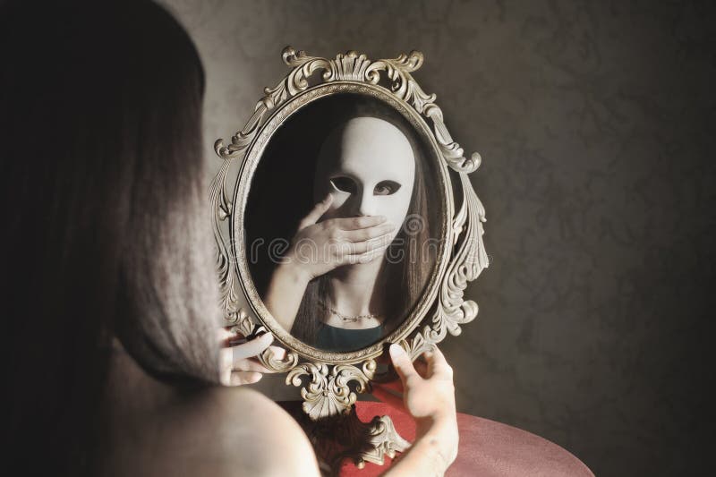 Reflection of a Woman with Mask in Front of the Mirror with Her Hand in ...